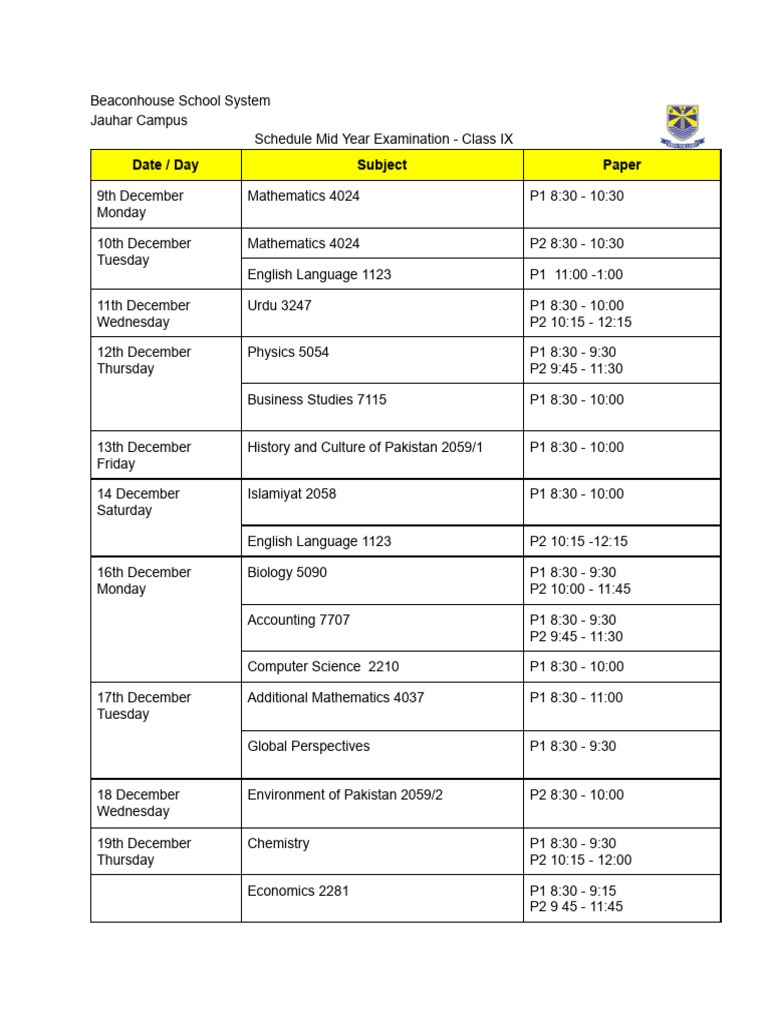 Class IX Mid Year Exam Schedule | PDF