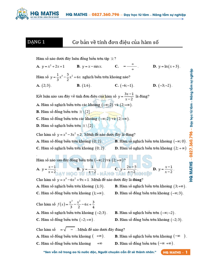 (01.D1) BT Cơ Bản Về Tính Đơn Điệu Số 01 | PDF