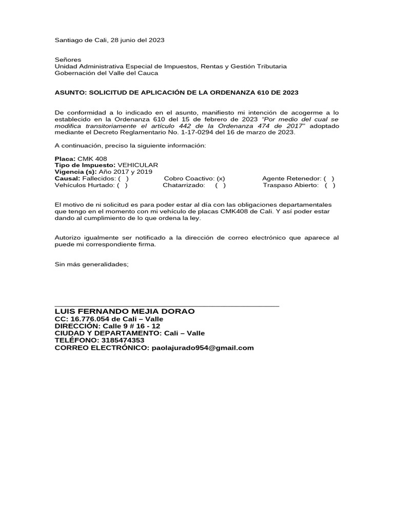 Carta Solicitud Remision de Deudas | PDF