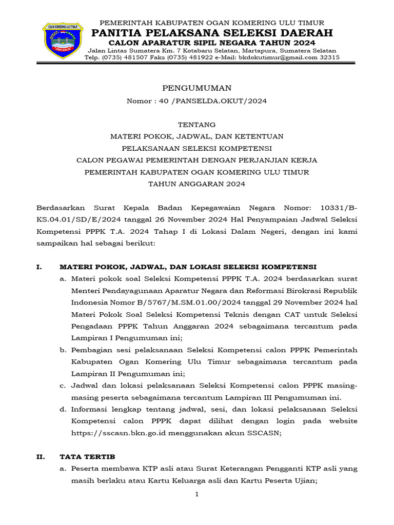 Pengumuman Pelaksanaan SelKom pppk2024 | PDF