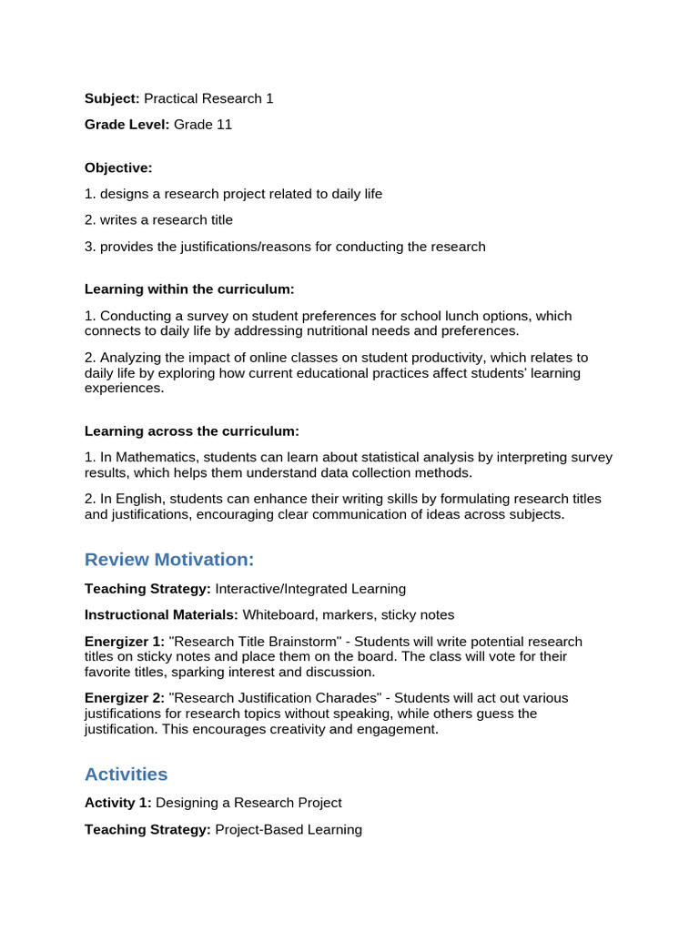 Lesson - Plan in Practical Research 1 | PDF | Critical Thinking ...