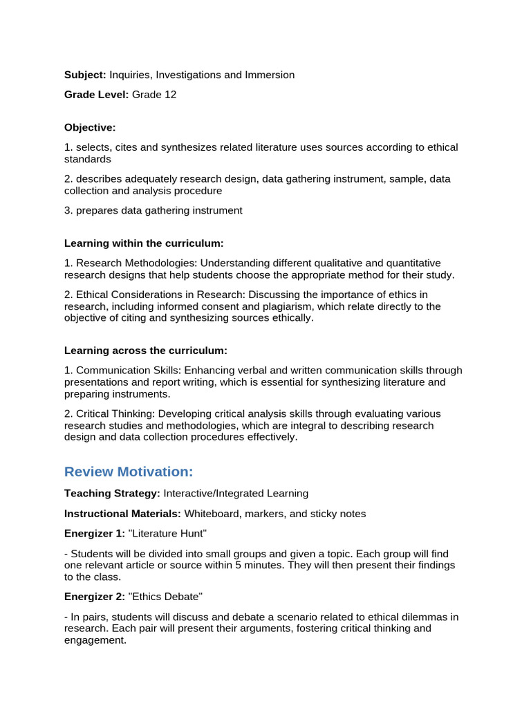 Lesson - Plan in Practical Research 1 | PDF | Critical Thinking ...