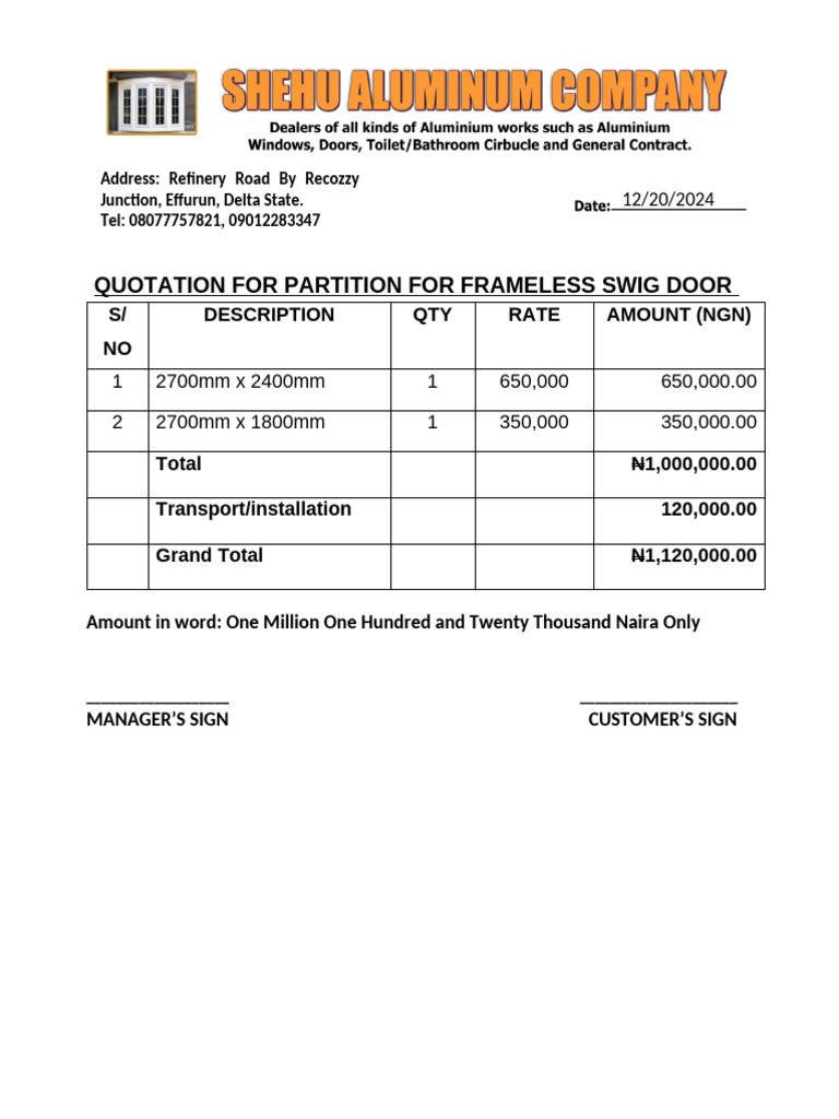 Shehu Aluminium Company Quotation For Frameless | PDF | Currency ...