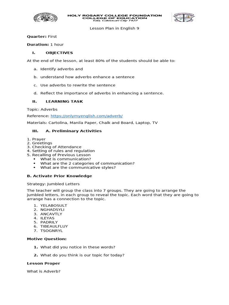 Adverb Lesson Plan for English 9 | PDF | Adverb | Lesson Plan