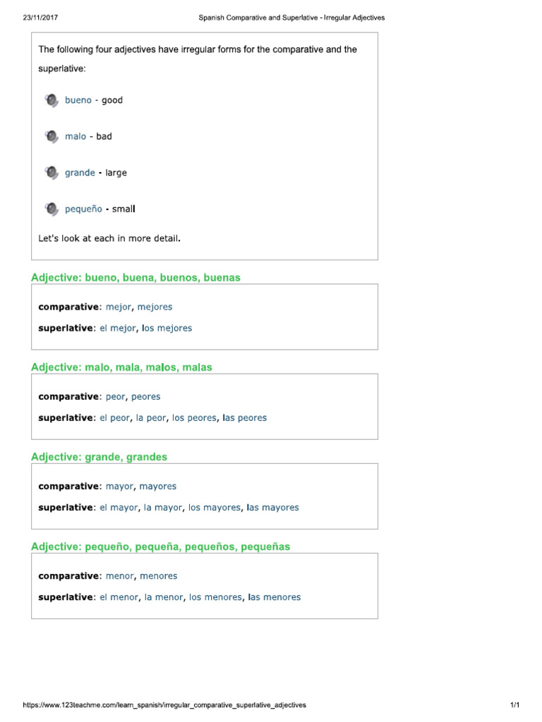 Spanish Comparative and Superlative - Irregular Adjectives | PDF