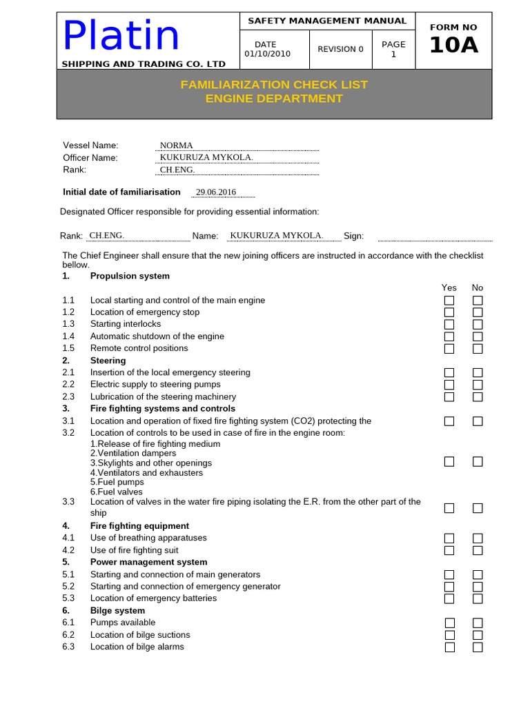 10a - Familarisation checklist - engine department | PDF | Firefighting ...