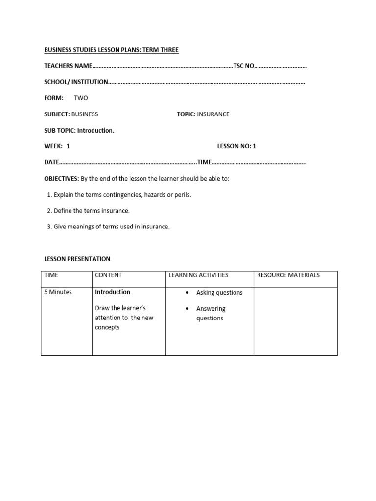 149 Form 2 Business Studies Lesson Plans PDF Format | PDF | Lesson Plan ...