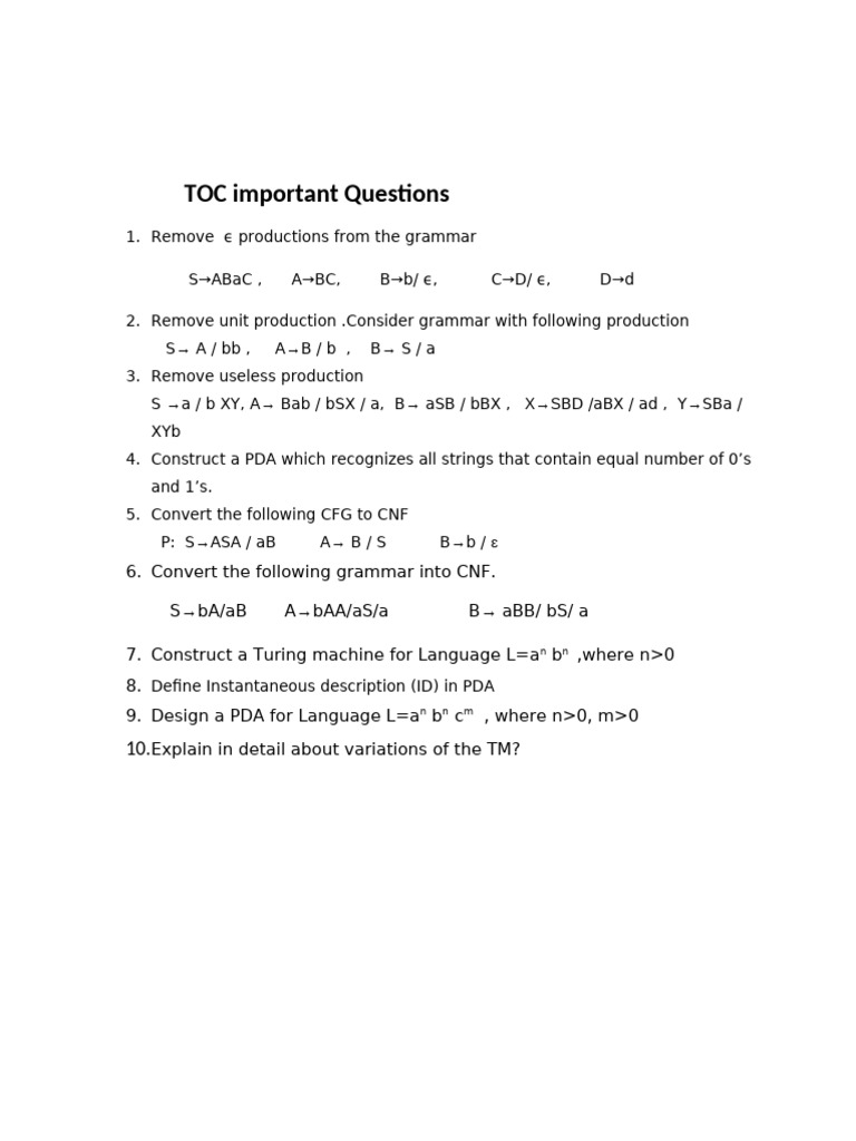 TOC Important Questions | PDF