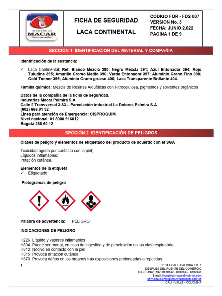 Ficha de Seguridad Laca Continental | PDF | Residuos