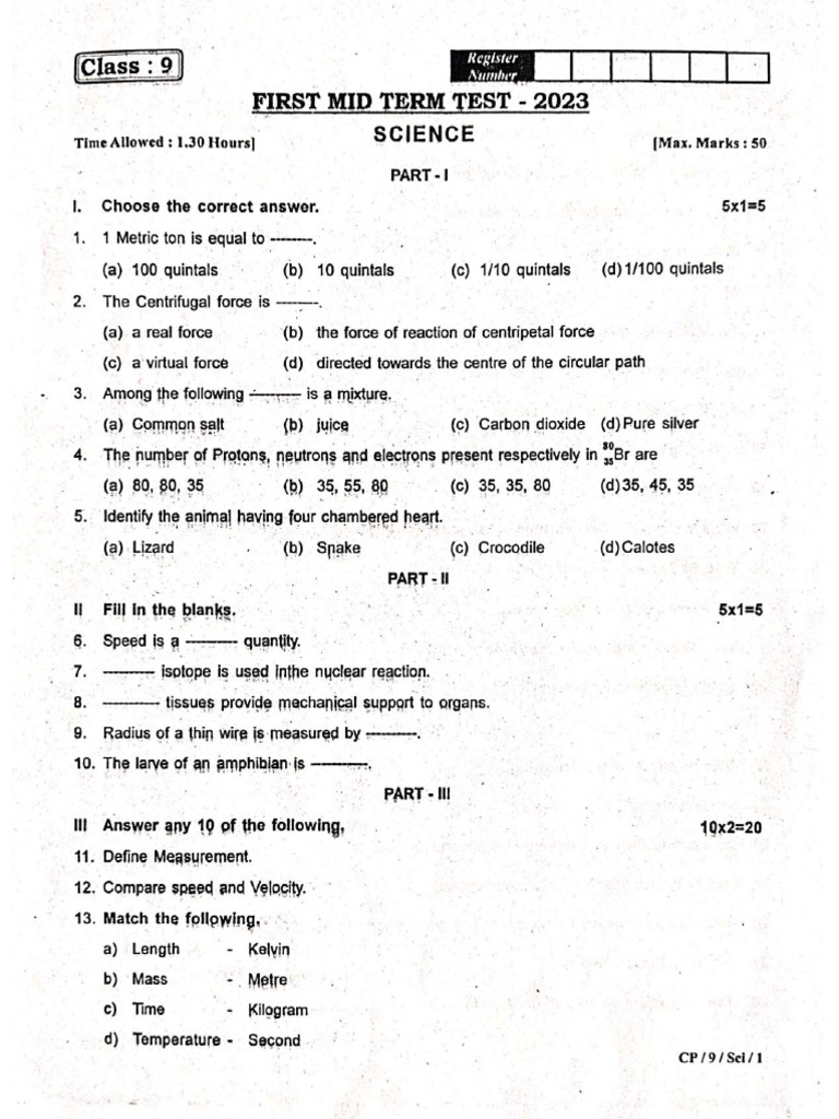9th Science EM 1st Mid Term Exam 2023 Original Question Paper ...
