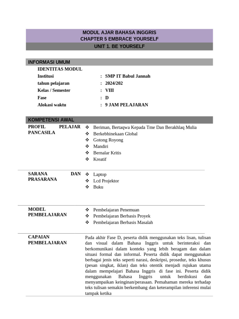 Modul Ajar Kelas 8 - Chapter 5 | PDF