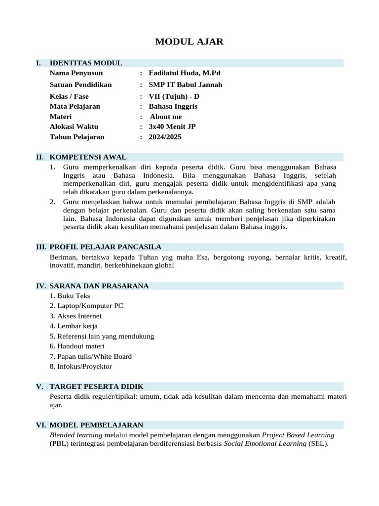 Modul Ajar Kelas 7 - Chapter 1 | PDF