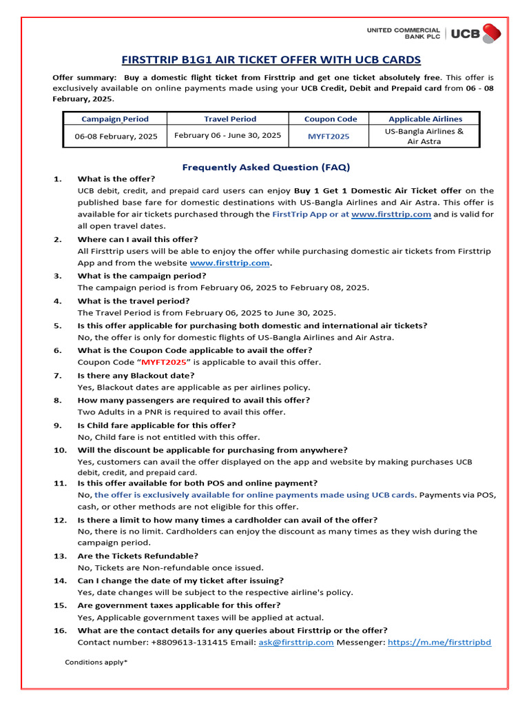 UCB Card B1G1 Domestic Flight Offer | PDF | Debit Card | Credit Card