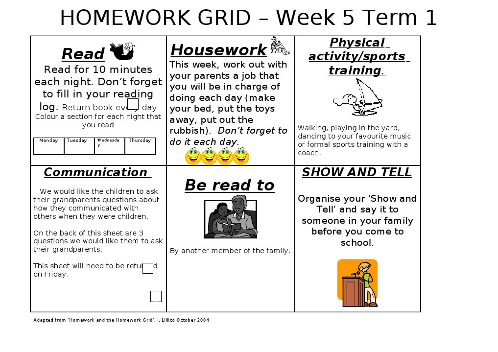 Week 5 Term 1 Homework Grid | PDF | Self-Improvement | Wellness