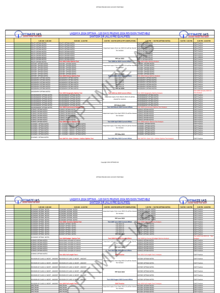 Laqshya 2024 Optima Schedule | PDF