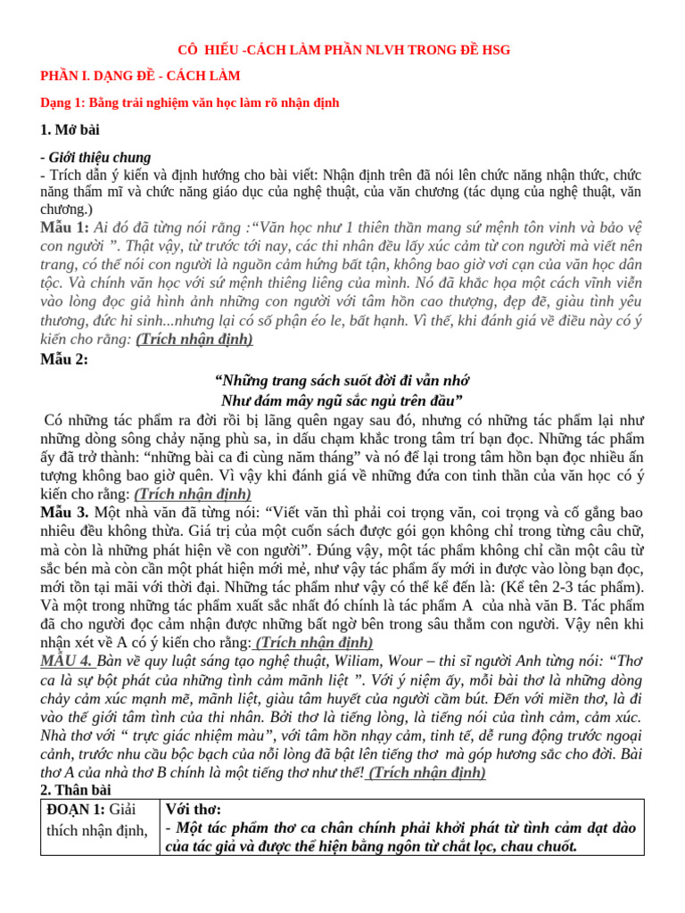 KĨ NĂNG LÀM PHẦN NLVH -14 ĐIỂM | PDF