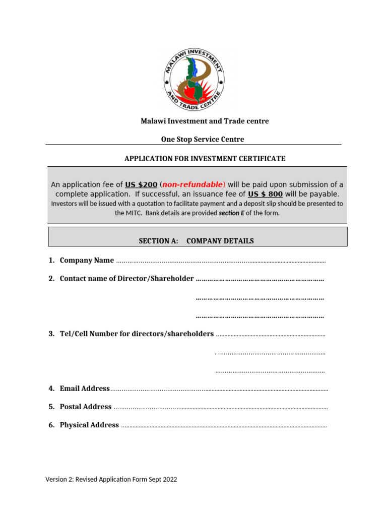 Malawi Investment Certificate Application Form | PDF | Business | Economies