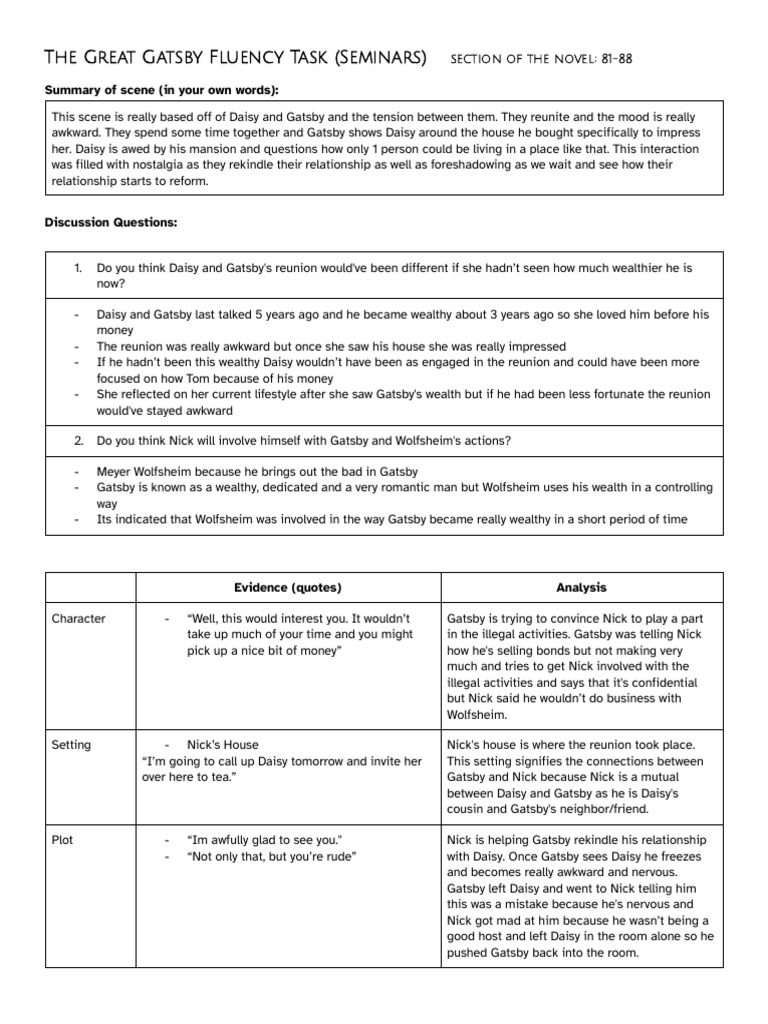 Fluency Task - Cheat Sheet - Organizer | PDF | The Great Gatsby