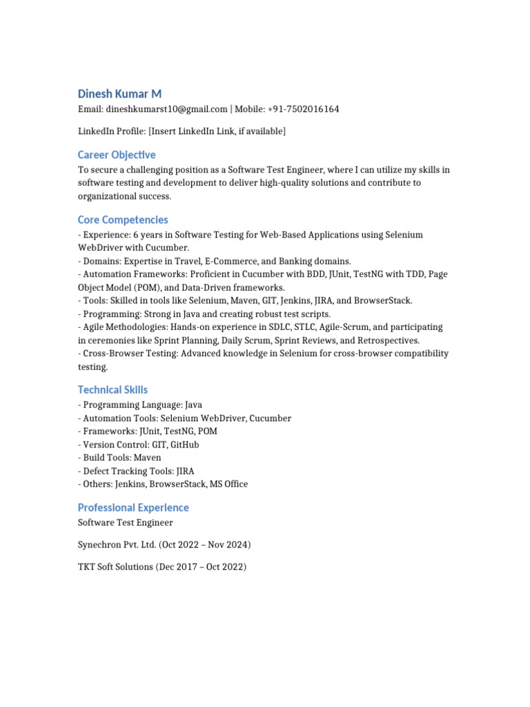 Optimized Resume DineshKumar | PDF | Selenium (Software) | Software Testing