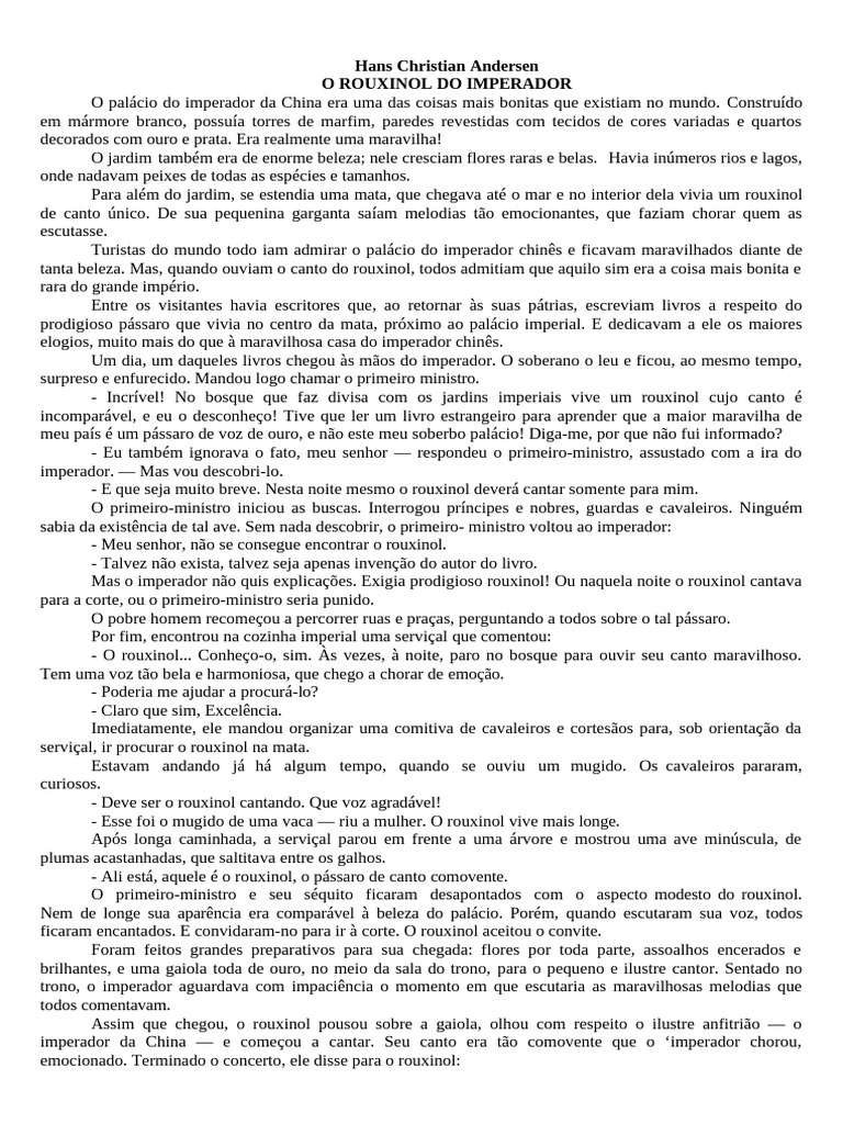 O Rouxinol do Imperador: Resumo e Moral | PDF | Império Bizantino