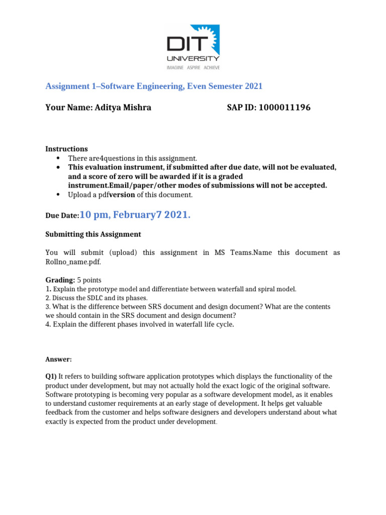 SE Assignment1 - Aditya - Mishra | PDF | Software Development Process | Computer Engineering