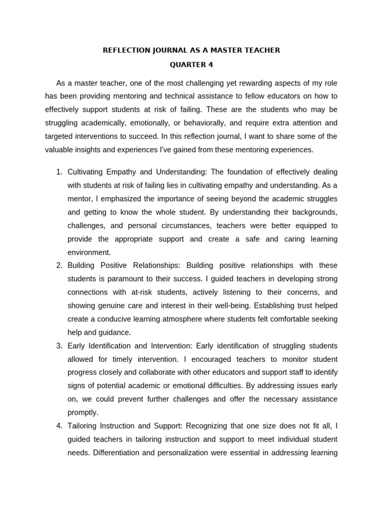 Reflection Journal As A Master Teacher | PDF | Mentorship | Teachers
