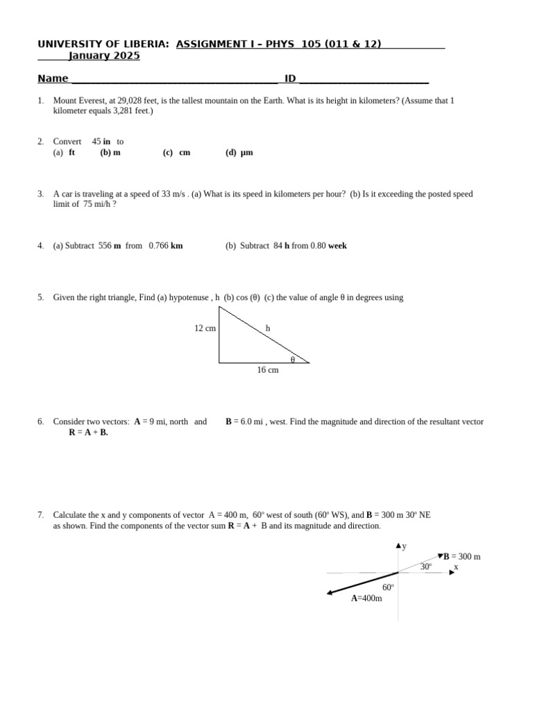 ASSIGNMENTS I (PHYS 105-011-12) Jan 2025 | PDF