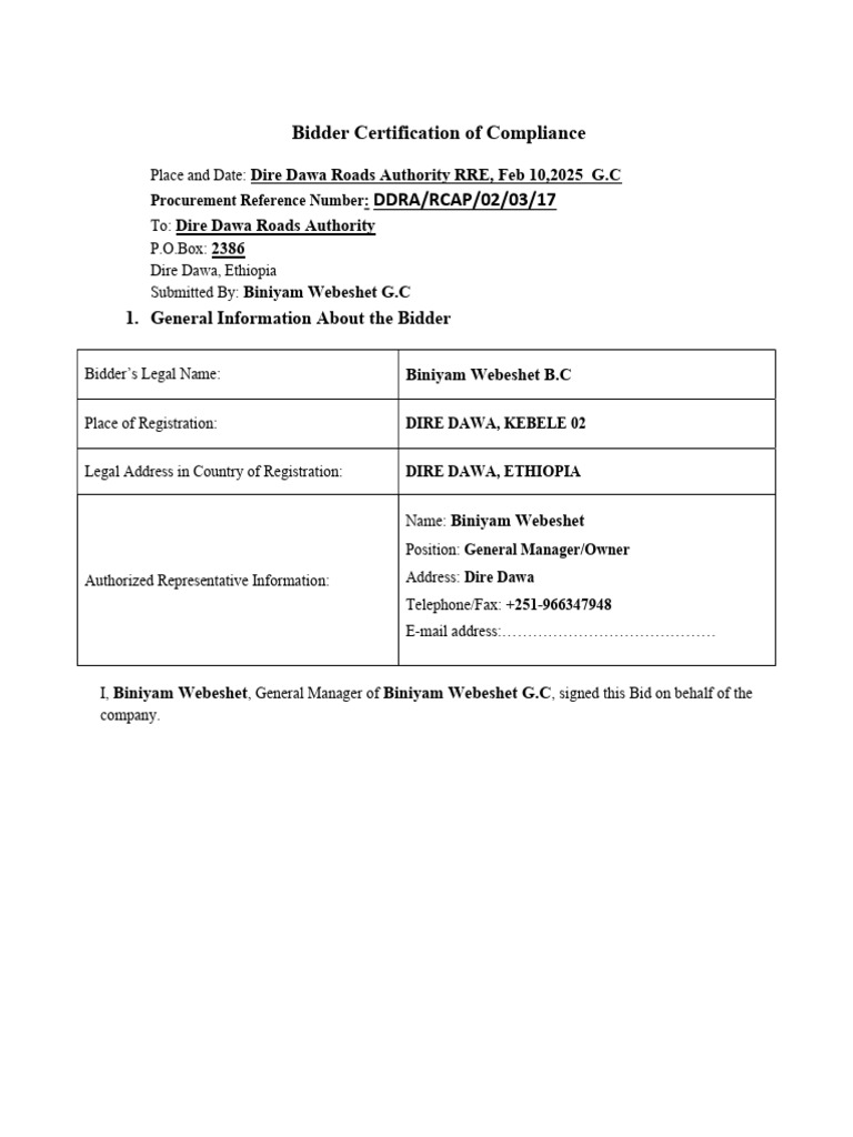 Bid Certificate of Compliance | PDF | Revenue | Business