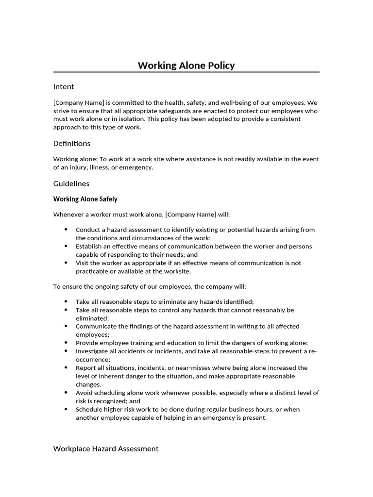 Working Alone Safety Policy | PDF | Occupational Safety And Health | Safety