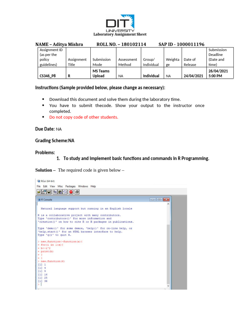 R Programming Lab Assignment | PDF
