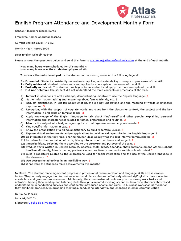 Attendance and Development Monthly Form | PDF | Information | English ...