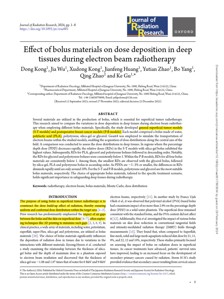Effect of Bolus Materials On Dose Deposition in Deep Tissues During ...