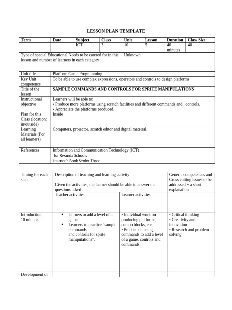 ICT - Senior 3 - LESSON PLAN ICT | PDF | Educational Technology | Learning
