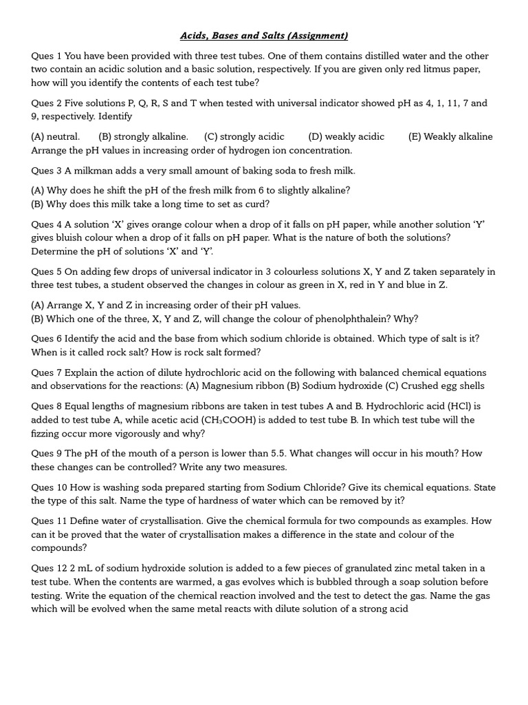 Acids, Bases and Salt (Assignment) | PDF | Acid | Sodium Carbonate
