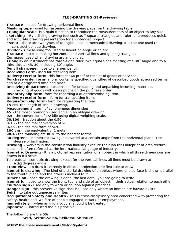 3rd Periodical Test Technical Drafting g8 Reviewer | PDF | Drawing | Angle