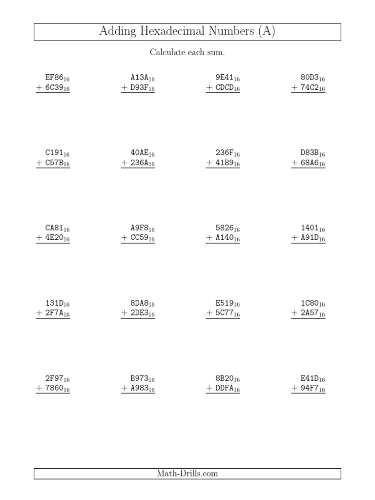 Hexadecimal Addition Practice Worksheet | PDF