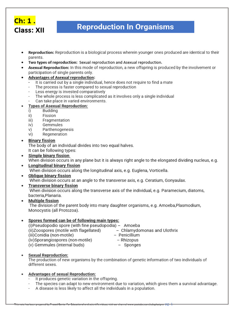 Chapter 1. Biology. Class 12th. | PDF | Reproduction | Sexual Reproduction