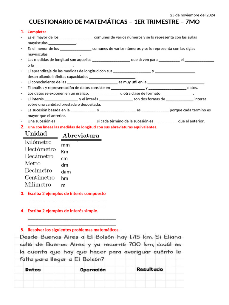 Cuestionario Matemáticas 7mo Grado | PDF