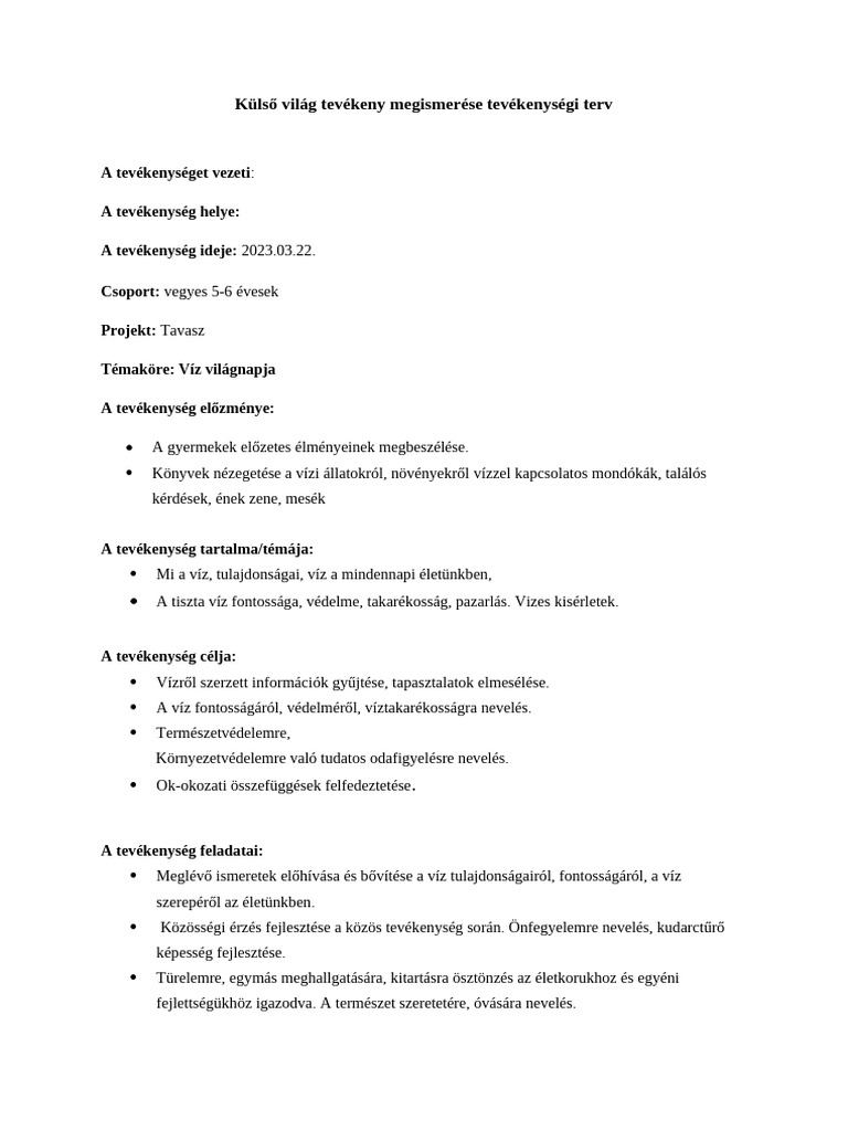 Külső Világ Tevékeny Megismerése Tevékenységi Terv 2 | PDF