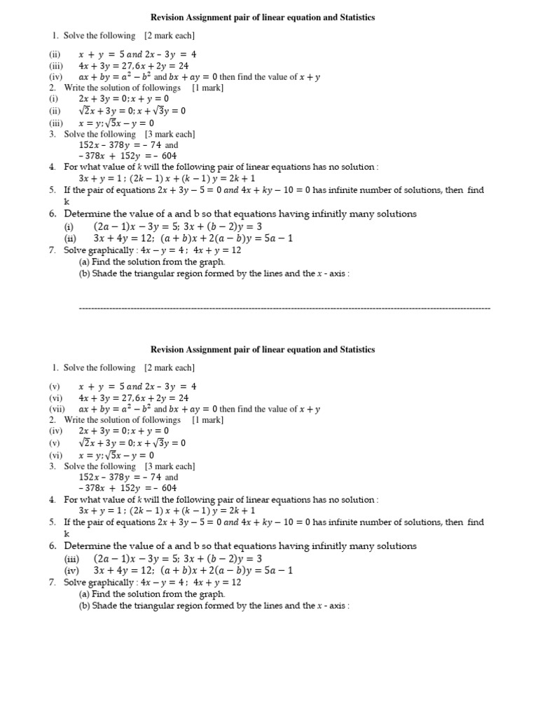 Linear Equations and Statistics Assignment | PDF | Equations ...