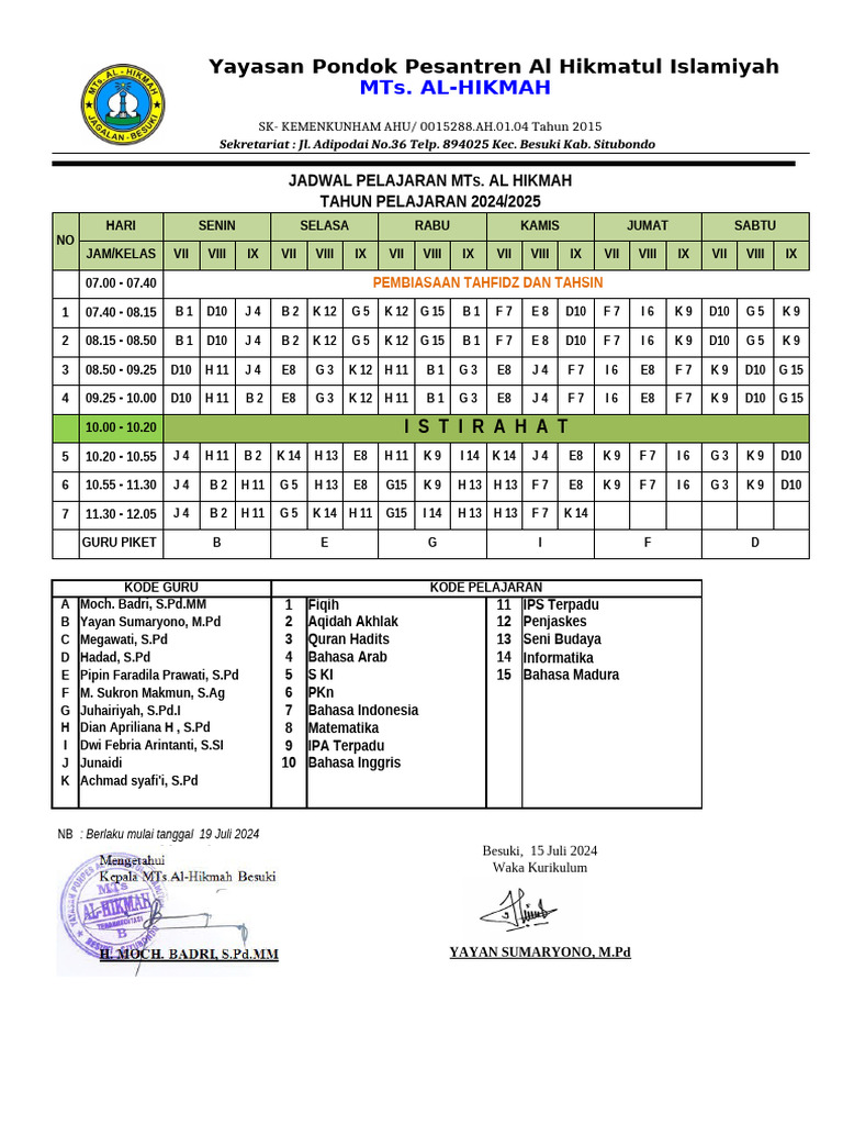 Jadwal Pelajaran MTS Alhikmah Ganjil Tapel 2024-2025 Kegiatan Tahfidz Dan Tahsin 2 Putih Revisi ...