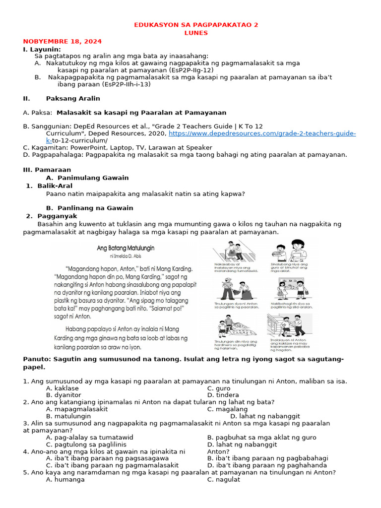 Edukasyon Sa Pagpapakatao 2 Lunes NOBYEMBRE 18, 2024 | PDF