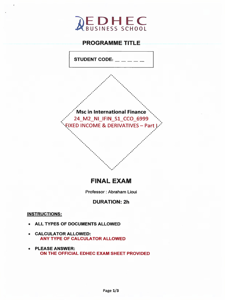EDHEC MSc Finance Exam: Fixed Income & Derivatives | PDF | Bonds (Finance) | Debt