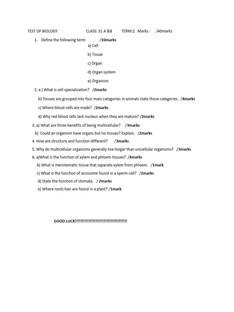 S1 Biology Term 2 Test Questions | PDF