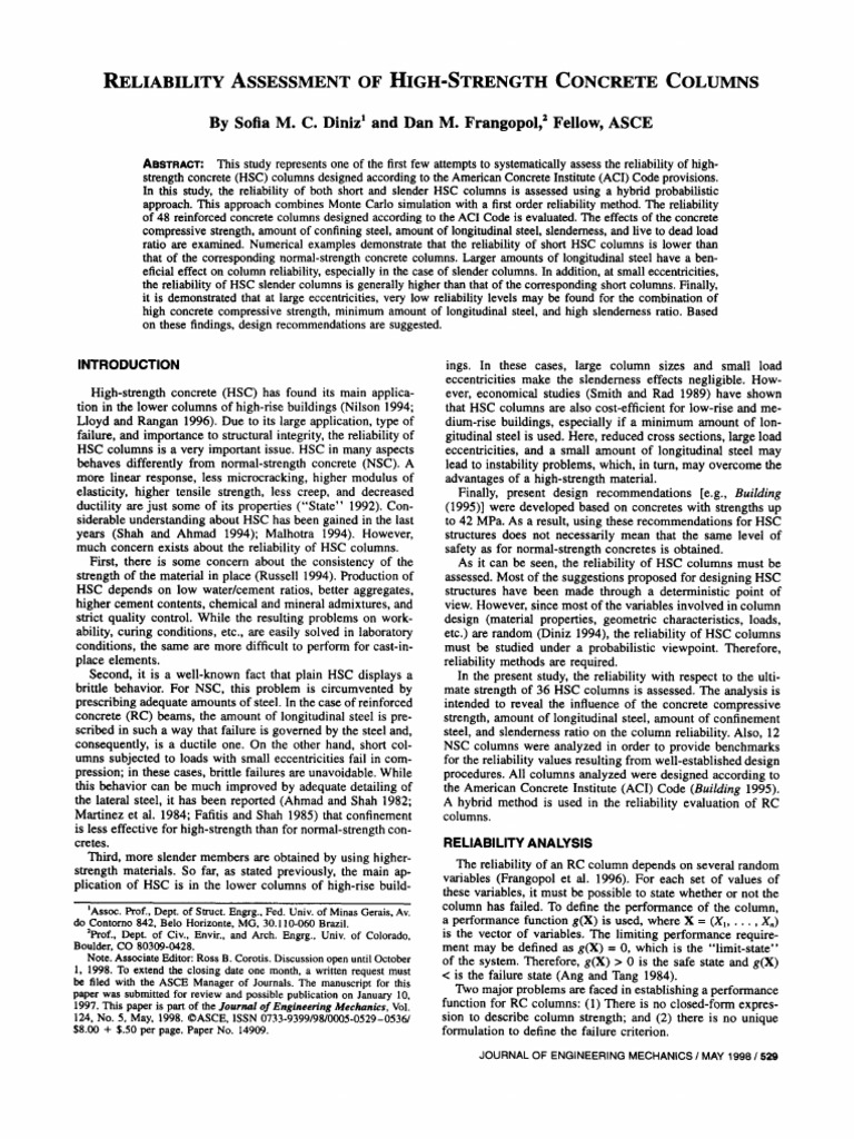 1998 Diniz - Reliability Assessment of HSC Columns | PDF | Strength Of Materials | Concrete
