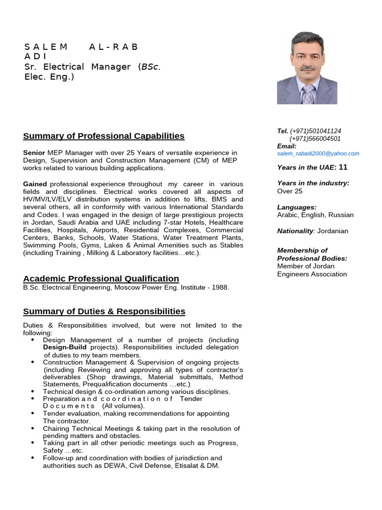 Senior MEP Manager Profile Summary | PDF | Jordan | Dubai