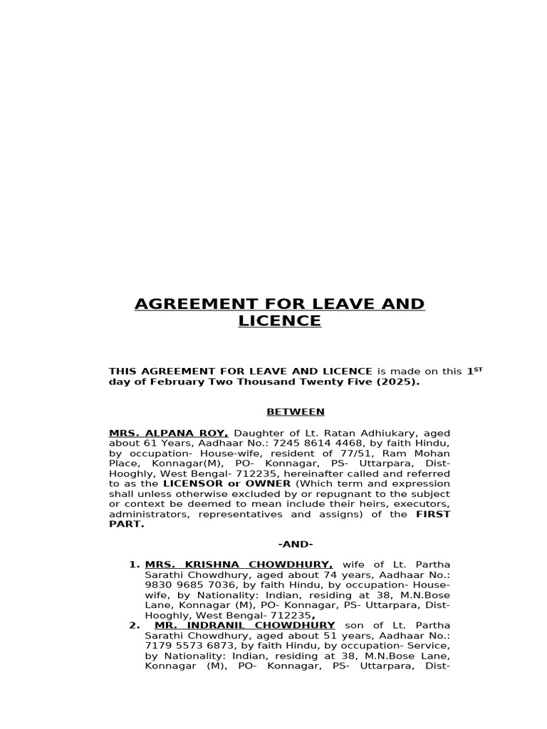 11 Month Leave and Licence Agreement - Alpana Roy | PDF | License ...