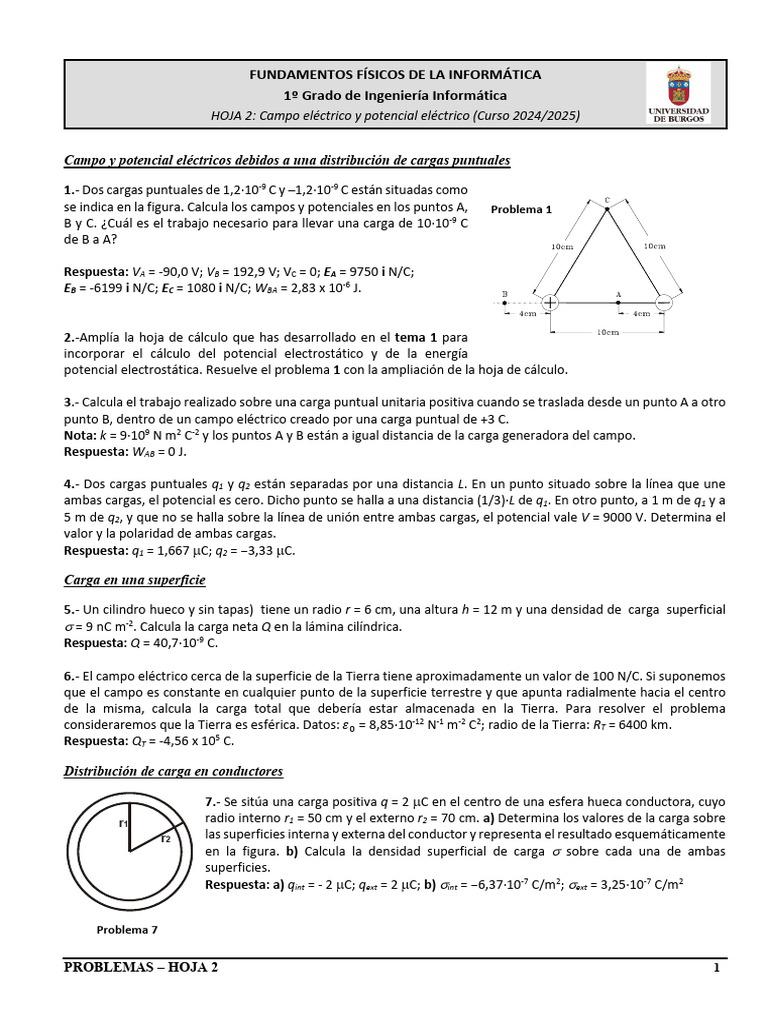 Hoja de Problemas 2 2024 2025 PRV | PDF | Campo eléctrico | Electromagnetismo