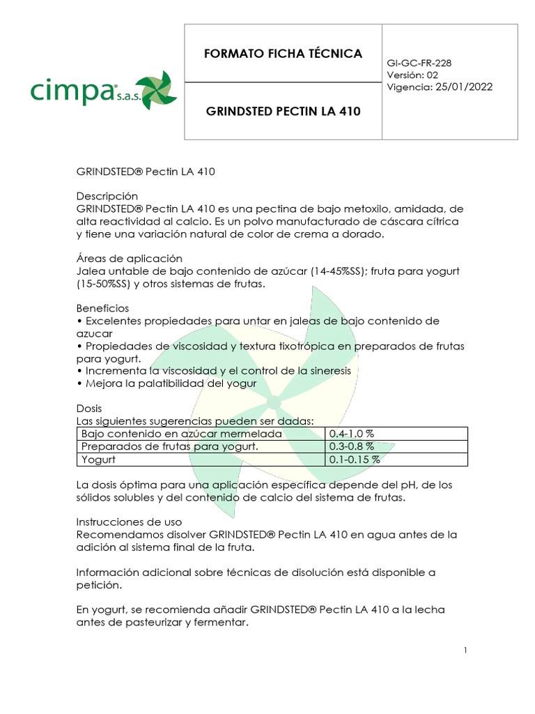 FT Grindsted Pectina Amidada La 410 | PDF | Yogur | Fruta