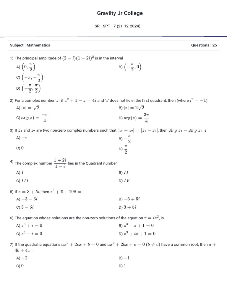 Complex Numbers and Quadratic Equations Quiz | PDF | Chemical ...
